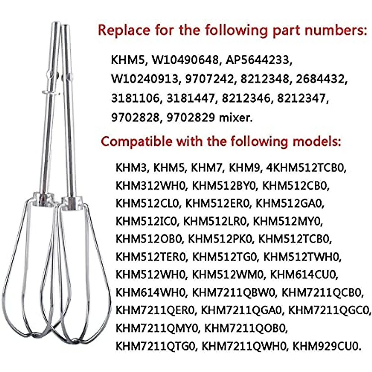 KHMPW & W10490648 Beaters for Hand Mixer by Wadoy Stainless Steel Pro Whisk Turbo Beaters, Cream, Making Mousse or Meringue, Shakes, Egg, Replace AP5644233, PS4082859, KHM2B, KHM512BM