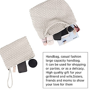 Woven Tote Bag, Women Macaron Soft Leather Weave Handbag Purse Wrist Bag Large Capacity Work Shopping Travel Daily (Beige)