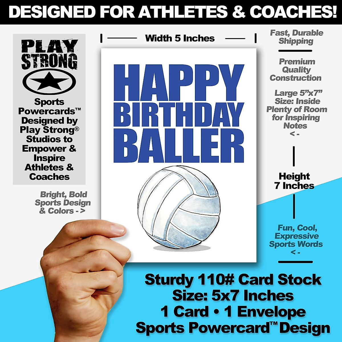 Play Strong Volleyball Happy Birthday Baller Birthday Card 1-Pack (5x7) Illustrated Sports Birthday Cards Greeting Cards Awesome for Volleyball Players, Coaches and Fans Birthdays, Gifts and Parties!