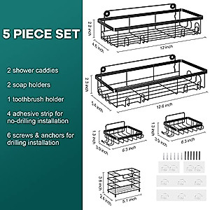 TBMax Shower Caddy, 5 Pack Adhesive Bathroom Shower Organizer with Soap Dish & Toothbrush Holder, Black Shower Shelf for Inside Shower, Wall Mounted Stainless Steel Shower Rack Bathroom Accessories