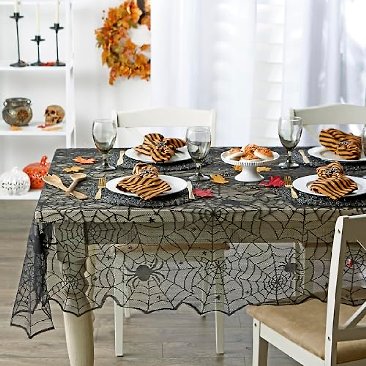 DII Black Lace Overlay Tabletop Collection Gothic Halloween Decor, Tablecloth, 54x72, Spider Web