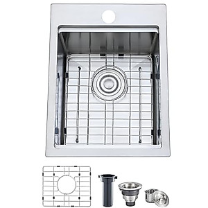 UFaucet 15x20 Drop in Bar Sink Top Mount Stainless Steel Wet Bar Sink 15 Inch Topmount Handmade Modern Commercial Small Kitchen Sink Single Bowl Workstation Prep Sink with Grid&Strainer&Cutting Board