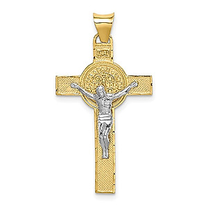 Diamond2Deal 14K rhodium-plated-gold Two-tone St. Benedict Medal Crucifix Cross Pendant Fine Jewelry for Women