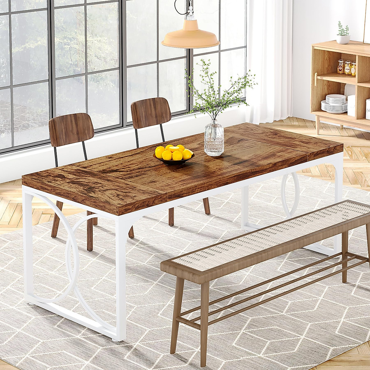 Tribesins Rectangular Dining Table, 63-inch Wood Kitchen Table with Strong Metal Frame, Industrial Large Long Dining Room Table for 4-People Family (Walnut and White)
