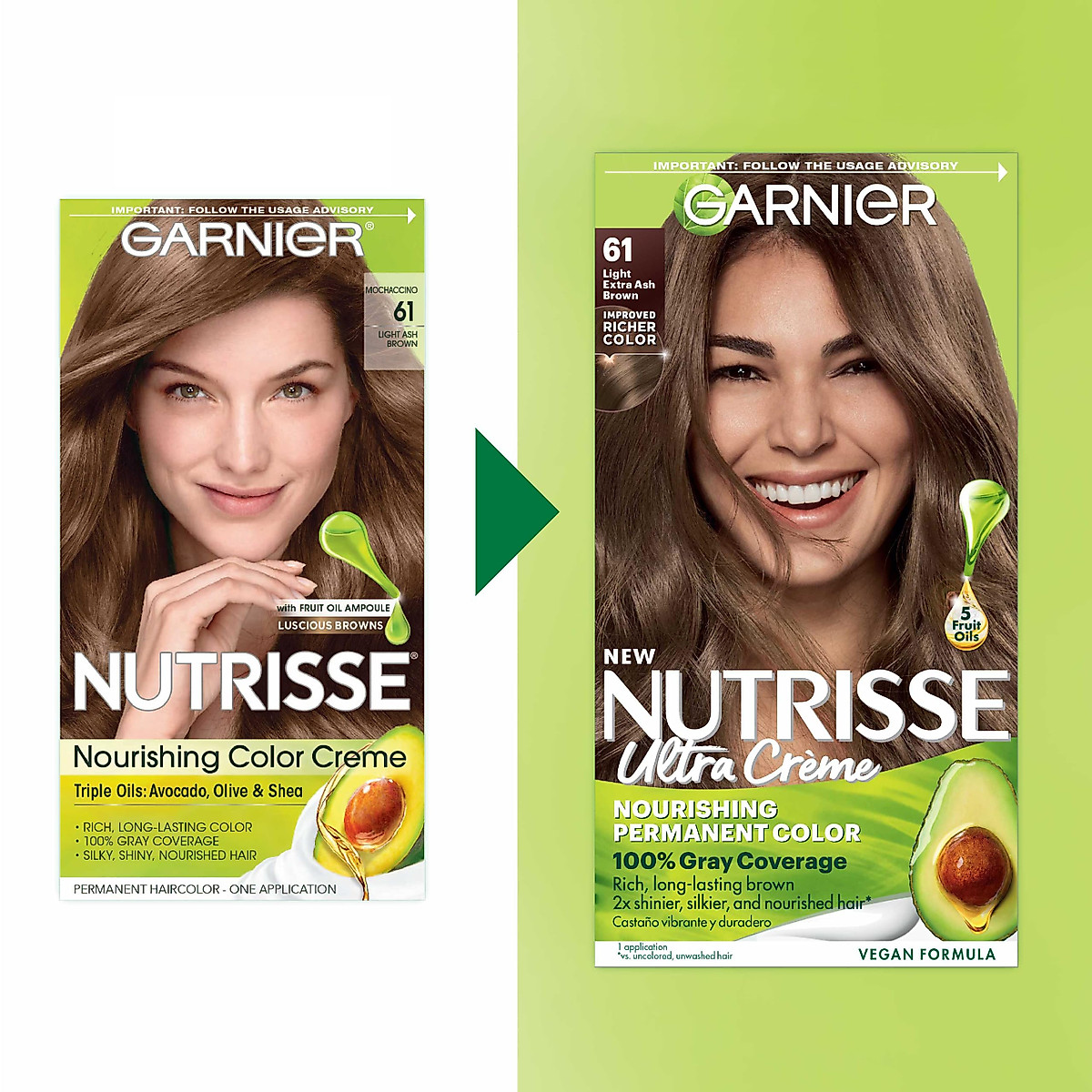 Garnier Hair Color Nutrisse Nourishing Creme, 61 Light Ash Brown (Mochaccino) Permanent Hair Dye, 2 Count (Packaging May Vary)