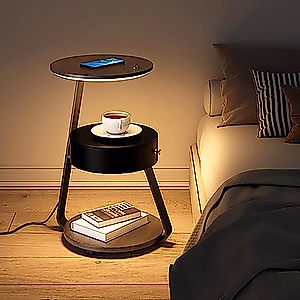 BKEKM Nightstands Smart Nightstand Wood End Table Wireless Charging Bedside Table 1 Drawers Bedside Dresse 3 Color Led Light Bedside Cabinet Well Made