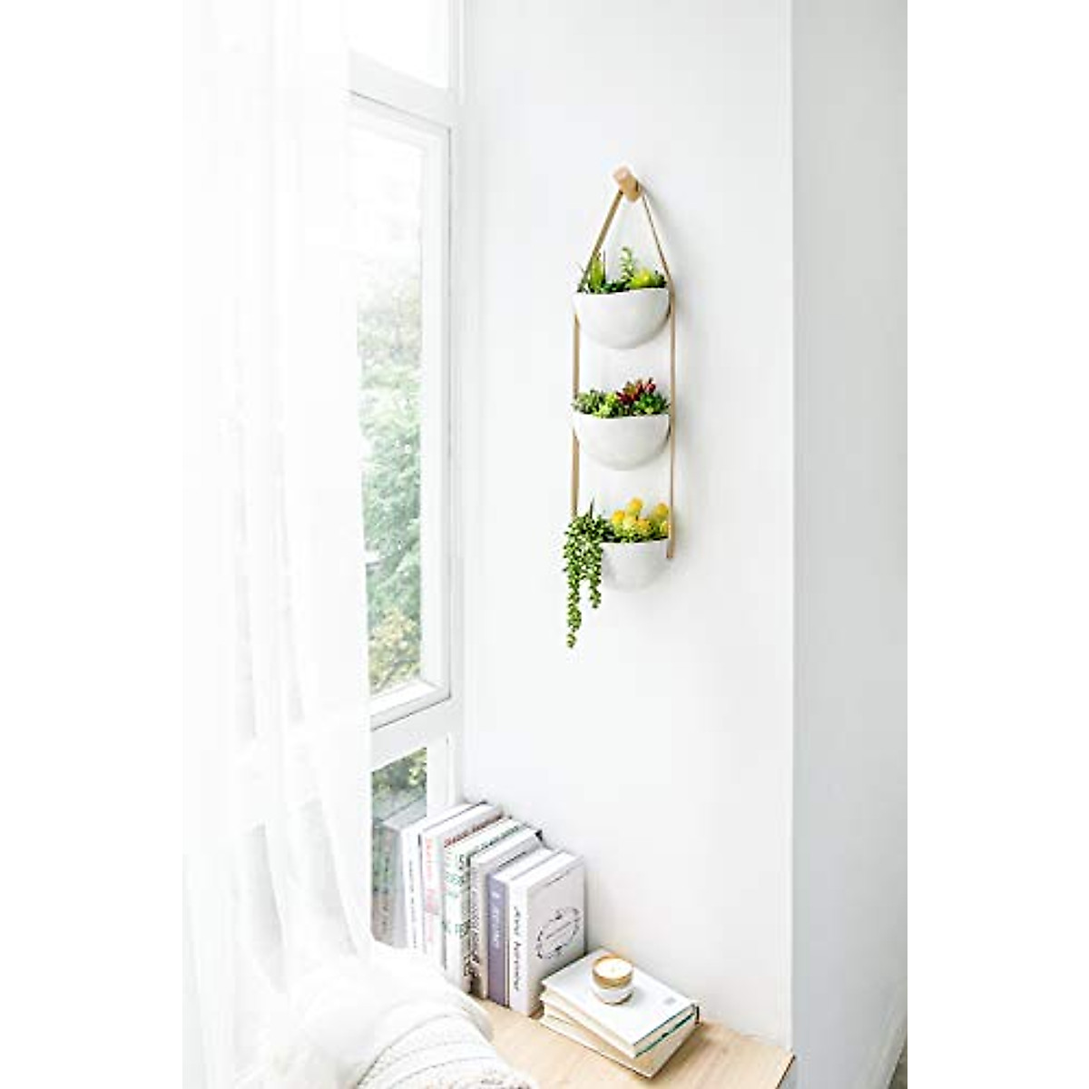 Mkono Ceramic Wall Planter 3 Tier Hanging Succulent Herb Planter for Indoor Plants, 7 Inch Half Moon Flower Pot with Leather Strap Modern Vertical Garden for Air Plants Live or Faux Plants Home Decor