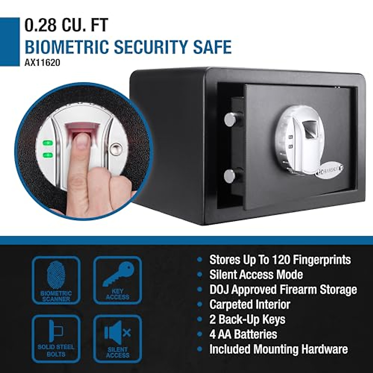 Barska AX11620 Biometric Fingerprint Mini Security Home Safe Box 0.29 Cubic Ft, Black, 12" x 8" x 7.75"