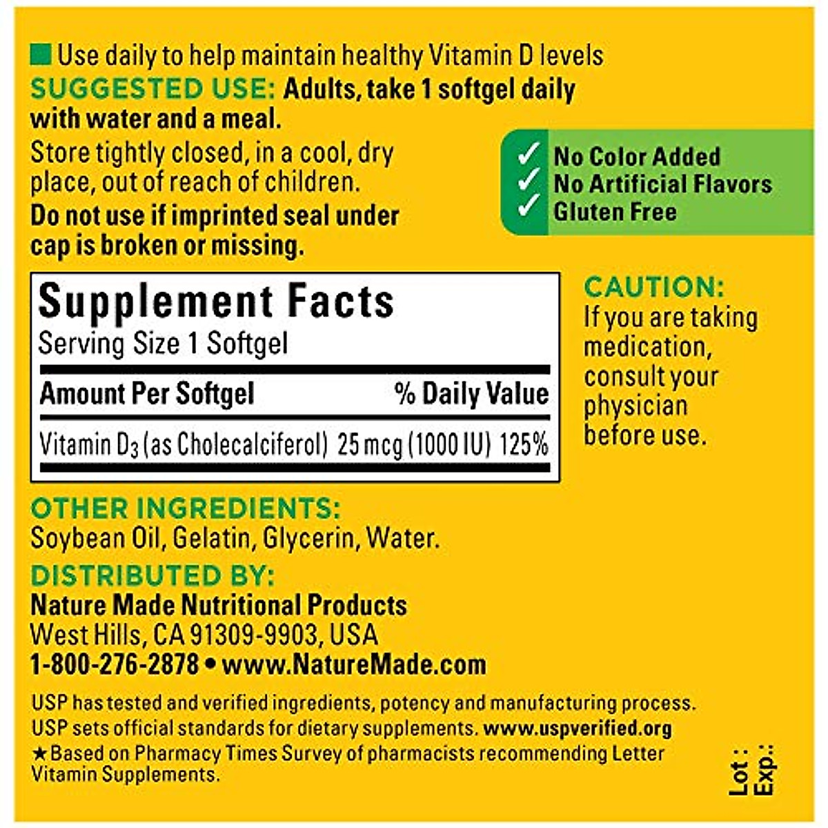 Vitamin D3, 100 Softgels, Vitamin D 1000 IU (25 mcg) Helps Support Immune Health, Strong Bones and Teeth, & Muscle Function, 125% of the Daily Value for Vitamin D in Only One Daily Softgel