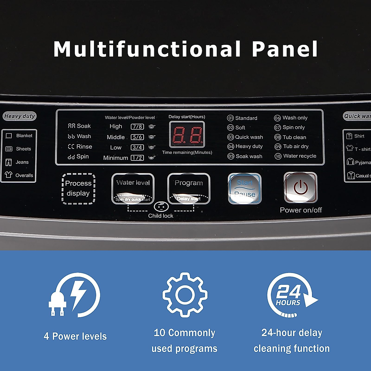 AXUTL Washing Machine Washer Machine 1.25cu.ft Apartment Dorm Laundry Compact Portable Washer Gray Full Automatic, 8 Water Levels, 10 Wash Programs