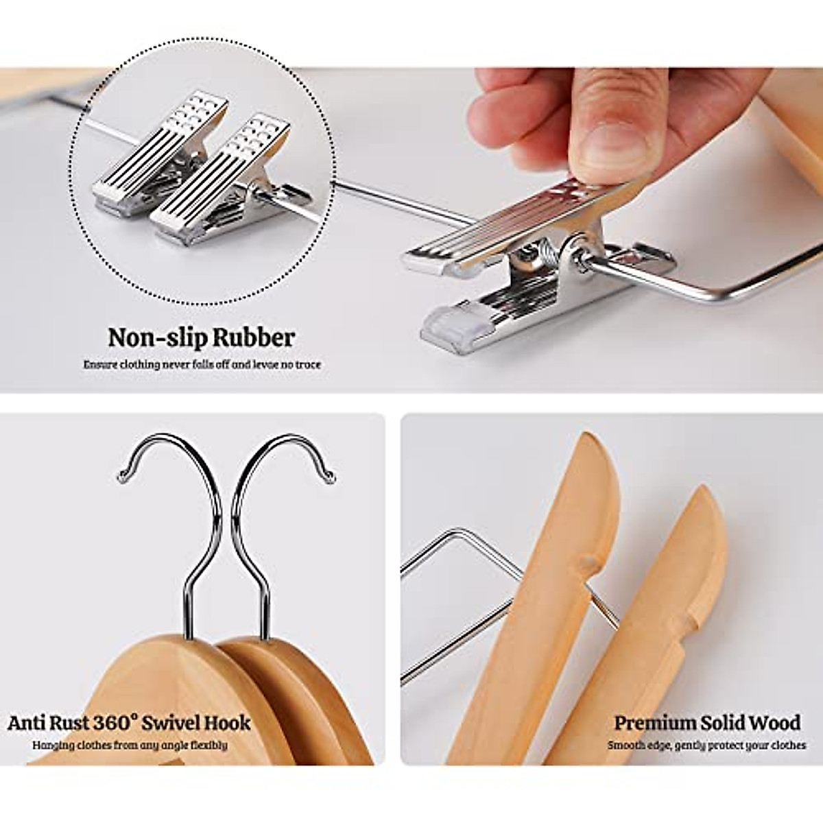 HOUÍSM 16Pack Wooden Hangers Skirt Hangers with Clips, Solid Wood Pants Hangers Natural Smooth Finish High-Grade Selected Wood Hangers with Sturdy Metal Clips for Blouse Dress Coat Jacket