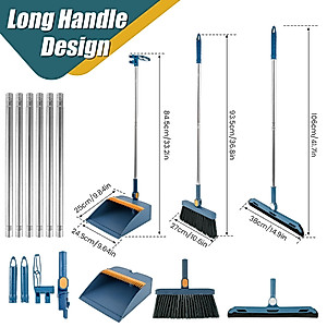 Broom and Dustpan Set for Home, 180° Rotating Broom Combo with Comb Teeth, Foldable Stand Dust Pans, Long Handle Broom and Dustpan Combo Set for Cleaning Kitchen Room Office Lobby Floor (Blue)