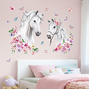 decalmile White Horse Flower Wall Decals Farm Animal Floral Butterfly Wall Stickers Baby Nursery Bedroom Living Room Wall Decor