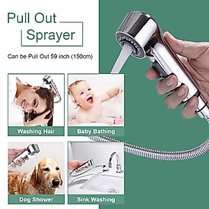 CREA Bathroom Faucet 3 Hole Bathtub Widespread Sink Faucets Chrome with Shower Diverter Pull Out Shower Head Roman Bathtub Waterfall Spout Filler Faucet for Baby Pet Dog Cat Bath Hair Washing