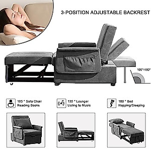 Oprisen Sleeper Chair Bed 3-in-1 Convertible Chair Bed Pull Out Sofa Bed w/Adjustable Backrest Tufted Fabric Chaise Lounge Sofa Bed Couch for Small Space w/Side Pockets (Fabric-Gray)