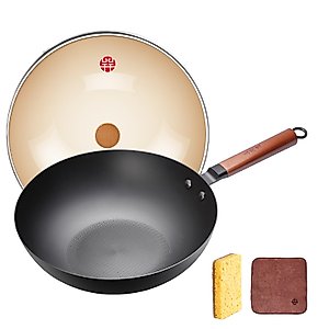 WANGYUANJI Iron Wok 12.6 inches,Wooden Handle Chinese Iron Pot Carbon Steel Wok Non-Coated Stir Fry Pan,Suitable for Home Cooking, Compatible with Induction, Gas, and Electric Ceramic Cooktops