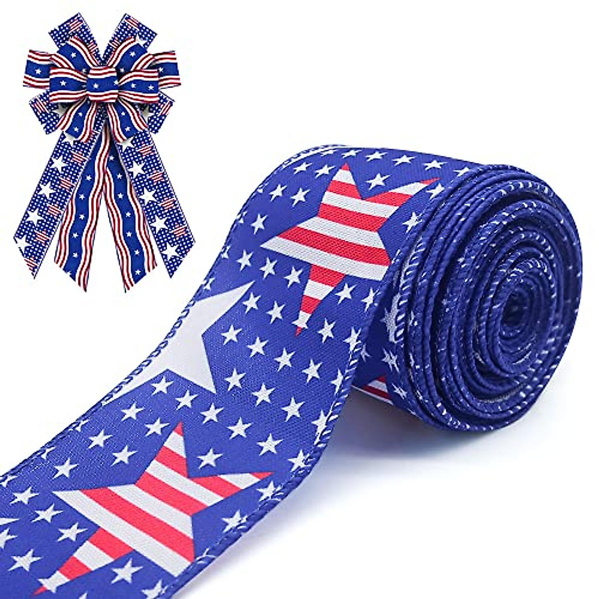 Hying 4th of July Ribbons for Gift Wrapping, Patriotic Wired Edge Ribbons Red Blue Burlap Ribbon American Stars Craft Ribbons for Wreath Bows Flag Day Independence Day Decorations, 2.5"×10 Yards
