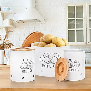 WUWEOT 3 Pack Vegetable Storage Tins, Round Metal Potato Onion Garlic Storage Bins, Farmhouse White Kitchen Canisters Vegetable Fresh Keeper Set with Bamboo Lids and Aerating Holes