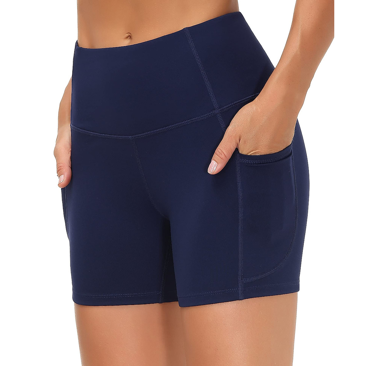 THE GYM PEOPLE High Waist Yoga Shorts for Women's Tummy Control Fitness Athletic Workout Running Shorts with Deep Pockets (Small, Blue)