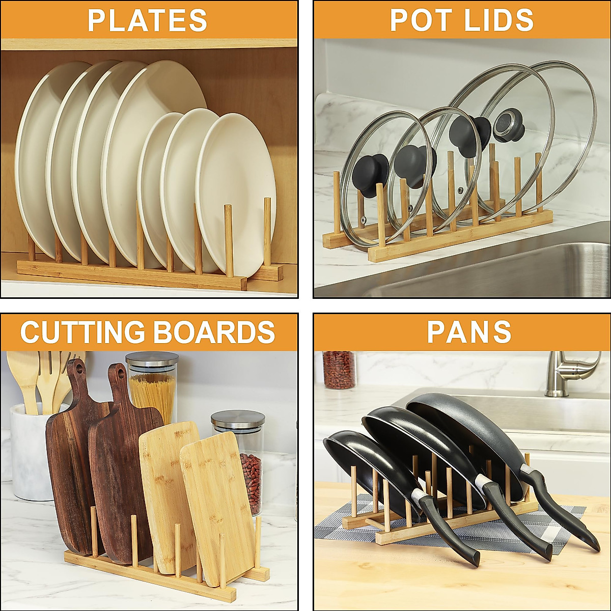 Joey’z Bamboo Dish Drying Rack - Dish Organizer Rack for Cabinet, Plates, Cups, Bowls, Pot Lids & Cutting Boards - Dish Storage and Pot Lid Organizer & Holder - Kitchen Storage Organizer