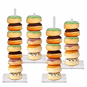 FOCCTS 4 Packs Clear Acrylic Donut Stands, Donut Bar Stand For Wedding Birthday Party, Clear Bagels Doughnut Holder, Non-slip Doughnut Stand Tower with Three Sizes 9'' 12'' 15''