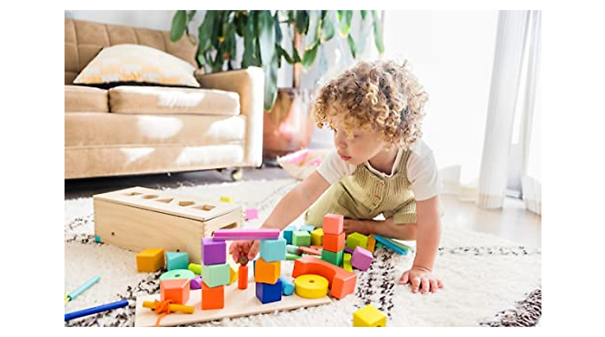 Lovevery The Block Set: 70 Wooden Blocks for STEM & Creative Play
