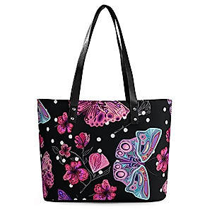 Womens Handbag Flowers And Butterflies Leather Tote Bag Top Handle Satchel Bags For Lady