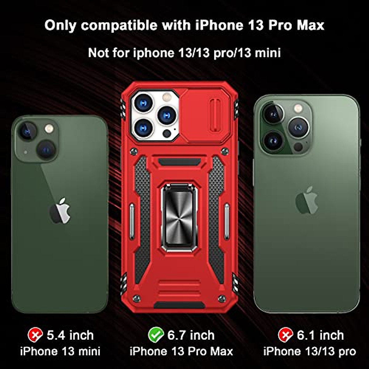 2023 NEW CASE for iPhone 13 Pro Max Case with Stand & Camera Cover Slide,Built-in 180°+360° Rotate Ring Kickstand,Shockproof Military Grade Drop Protective Phone Cover iPhone 13 Pro Max Case Red