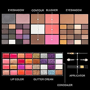 All In One Makeup Gift Kit - Ultimate Color Combination - 36 Eyeshadow, 28 Lip Gloss, 3 Blusher, 4 Concealer, 3 Contour Powder, 3 Brushes, 1 Mirror, 74 Colors Palette Set