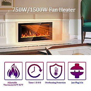 COSTWAY 36-Inch Electric Fireplace, 750W/1500W Wall Recessed and Mounted Fireplace Insert with Remote Control, 9 Flame Colors, 5 Brightness Settings, 8 H Timer, Fireplace Heater for Indoor Use