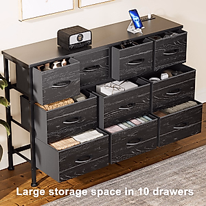 Lulive Dresser for Bedroom 10 Drawer Dresser TV Stand with Power Outlet, Entertainment Center Chest of Drawers for 55 Inch TV, Black Fabric Dresser for Bedroom Living Room Hallway Closets