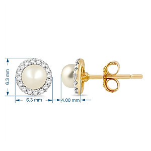 Jewelili 10k Yellow Gold Stud Earrings with 4mm Round Pearl and Natural White Round Diamonds, 1/10 cttw