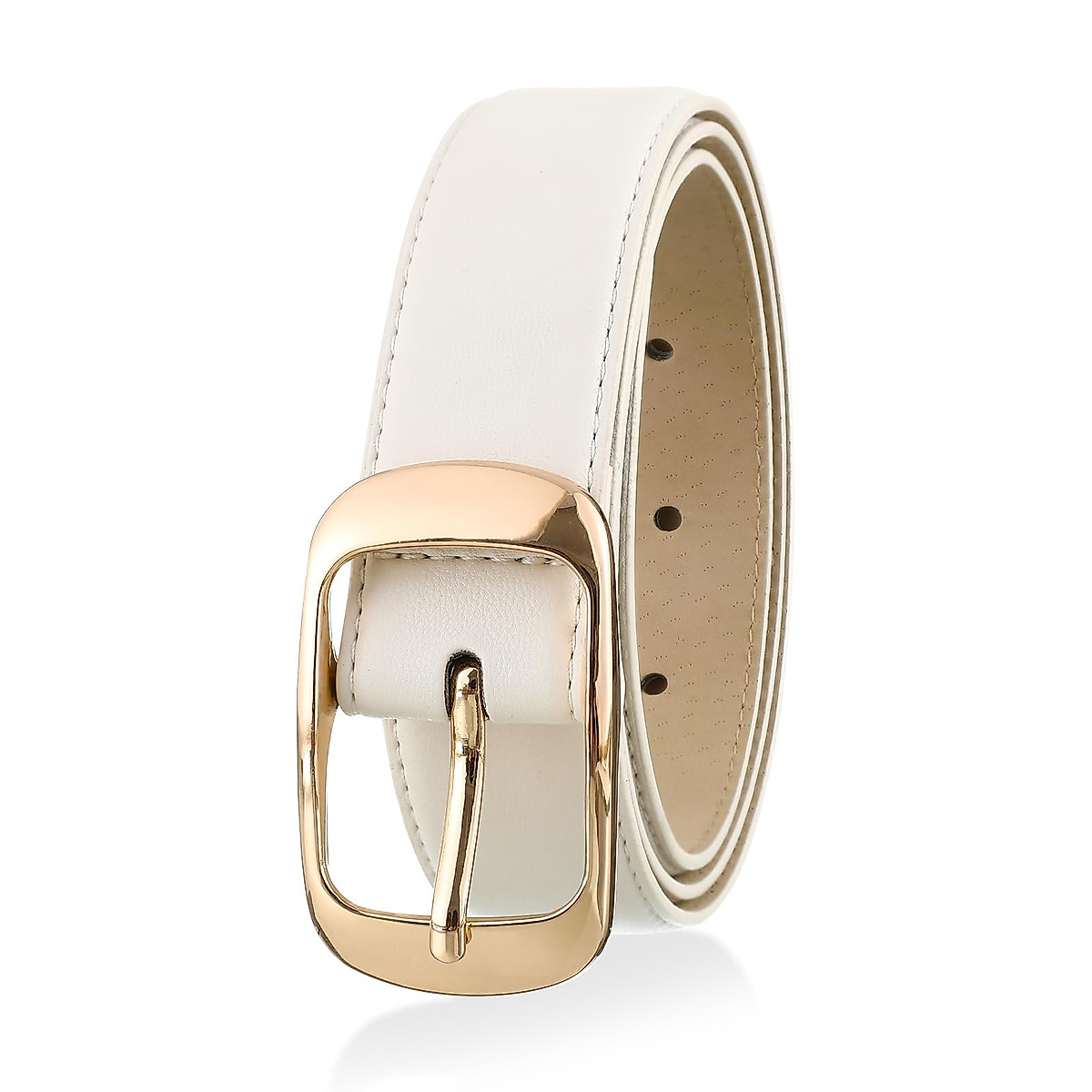 RISANTRY Womens White Belts with Gold Buckle, White Leather Belts for Women Dressy, Ladies White Fashion Waist Belt for Pants