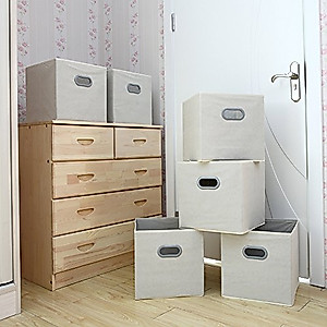 MAX Houser Fabric Storage Bins Cubes Baskets Containers with Dual Plastic Handles for Home Closet Bedroom Drawers Organizers, Flodable, Beige, Set of 6 (Beige)