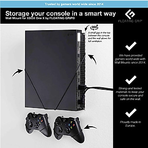 Xbox One X Wall Mount by FLOATING GRIP - Mounting Kit for Hanging Gaming Consoles - Strong & Slim Ropes - Easy-to-Install System (Bundle: Fits Xbox One X + x2 Controllers, Black)