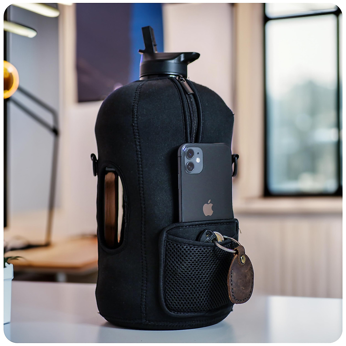 Hydro Gallon® - 1 Gallon Water Bottle Jug with Insulated Sleeve and Straw Lid, Handle, Time Marker, Pocket, Shoulder Strap. Daily Intake Leakproof BPA free Large Big Bottle Men. 128oz (Black)