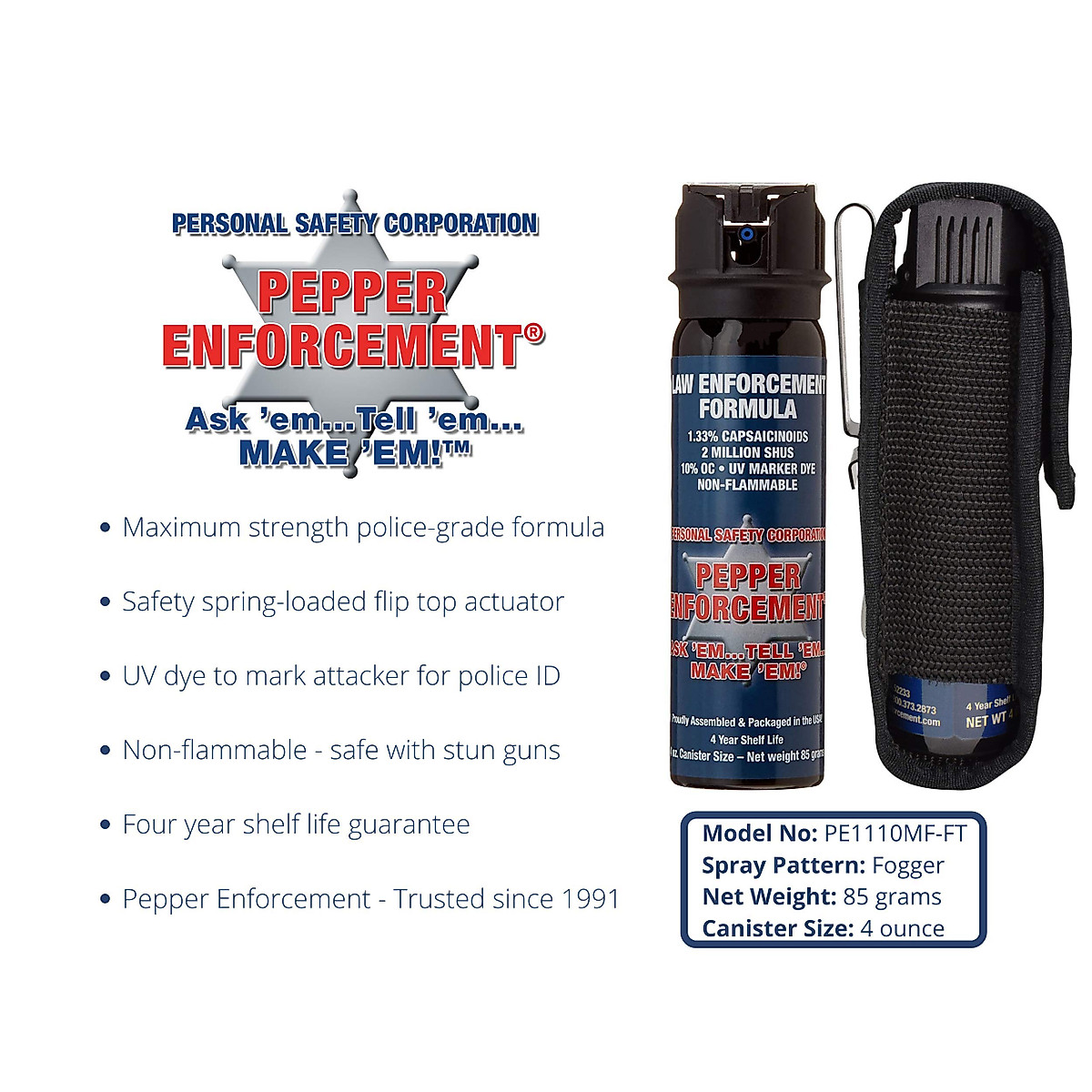 Pepper Enforcement PE1110MF-FT Fogger Pepper Spray with Metal Belt Clip Holster - Maximum Strength 10% OC Formula - Emergency Self Defense Personal Protection