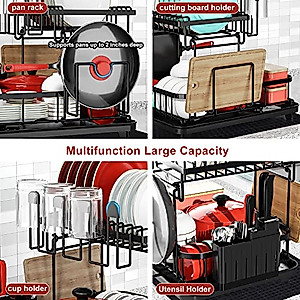 Cibert Dish Drying Rack with Drainboard Set, 2 Tier Dish Racks for Kitchen Counter, Black Dish Drainer Set, Kitchen Dish Drying Rack with Dish Drying Mat, Large Dish Drainer Rack with Utensil Holder