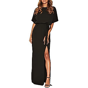 Happy Sailed Womens Batwing Sleeve Tie Waist Long Maxi Dress Side Split Formal Party Dresses Evening Gown Black X-Large
