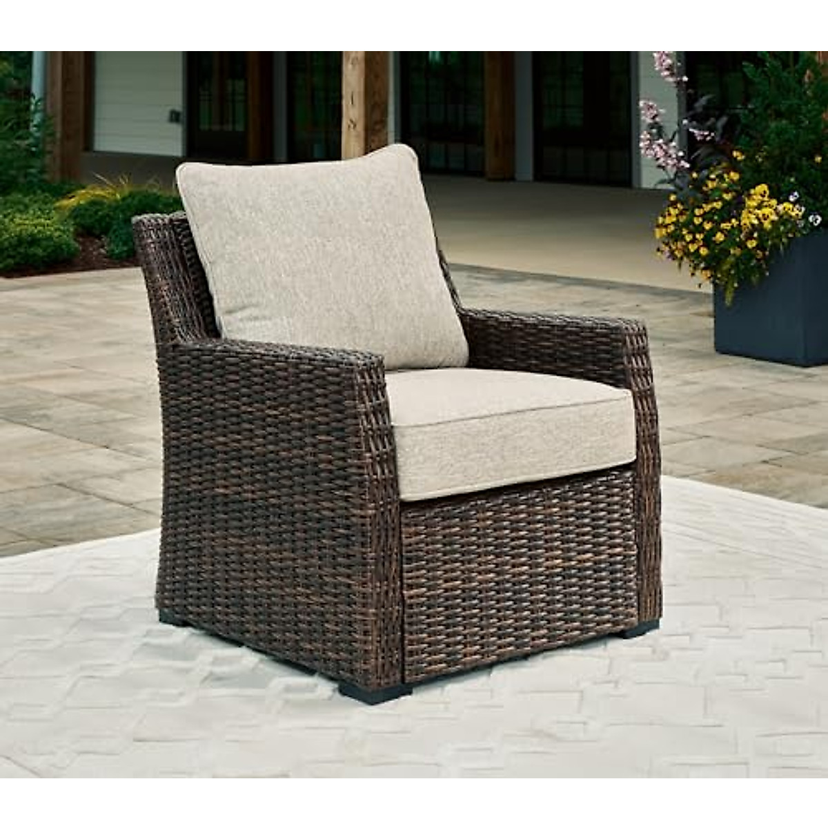 Signature Design by Ashley Brook Ranch Casual Weather Resistant Outdoor Lounge Chair with Cushion, Dark Brown & Beige