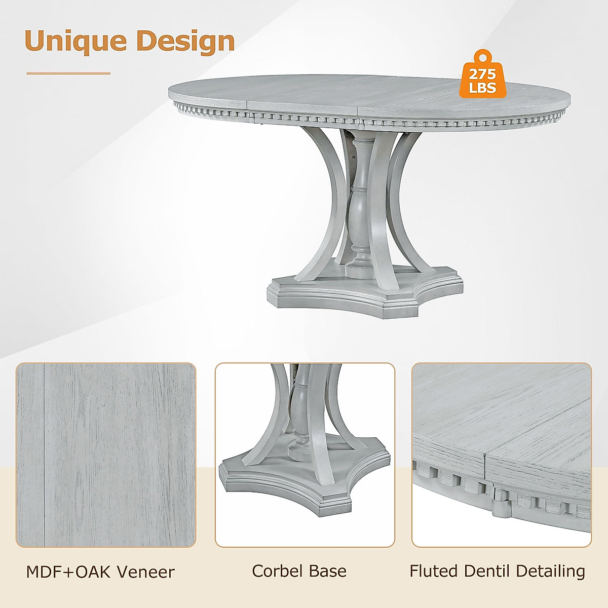 POCIYIHOME, Wood Two-Size Round to Oval Butterfly Leaf, 4 Upholstered Armrest, 4 (Antique Grey Oak), 5-Piece Extendable Dining Table/Chairs Set