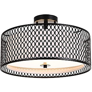 Ludil 17" Semi Flush Mount Ceiling Light Fixture, Modern 3-Light Black Durm Close to Ceiling Lighting with Metal Mesh Cage & Bottom Reflective Glass for Living Room Bedroom Kitchen Hallway Entryway