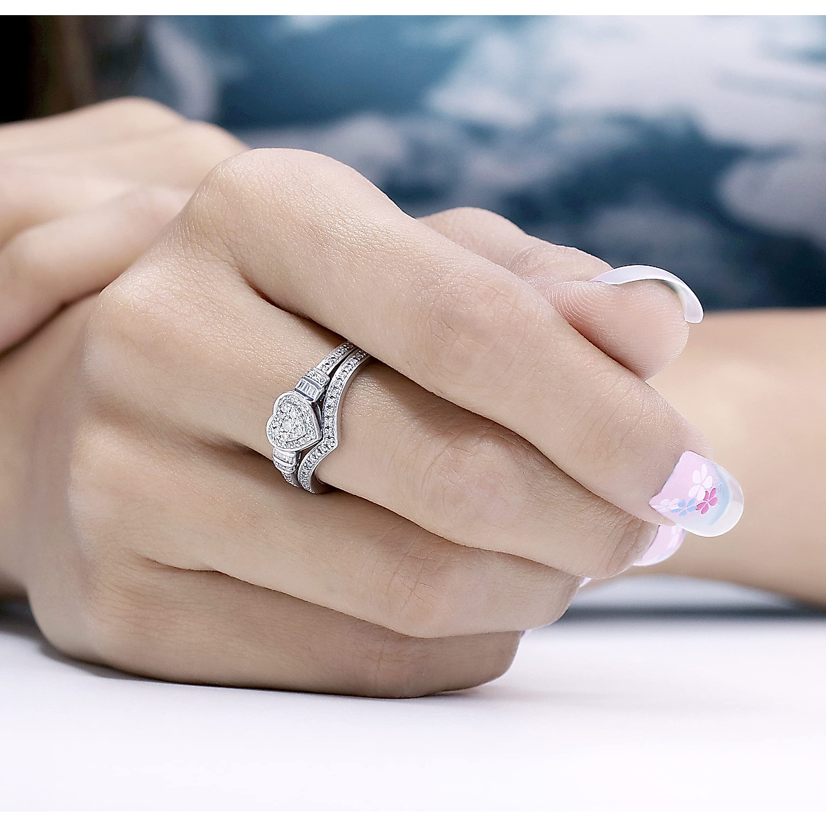 Dazzlingrock Collection 0.30 Carat Round & Baguette Diamond Heart Shaped Engagement Ring Set in 925 Sterling Silver Size 8