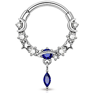 Melighting 16G Septum Rings Dangle Septum Jewelry with Blue Planet Clear CZ Surgical Steel 316L Star Daith Earrings Moon Helix Earring Nose Rings Piercing for Women Men