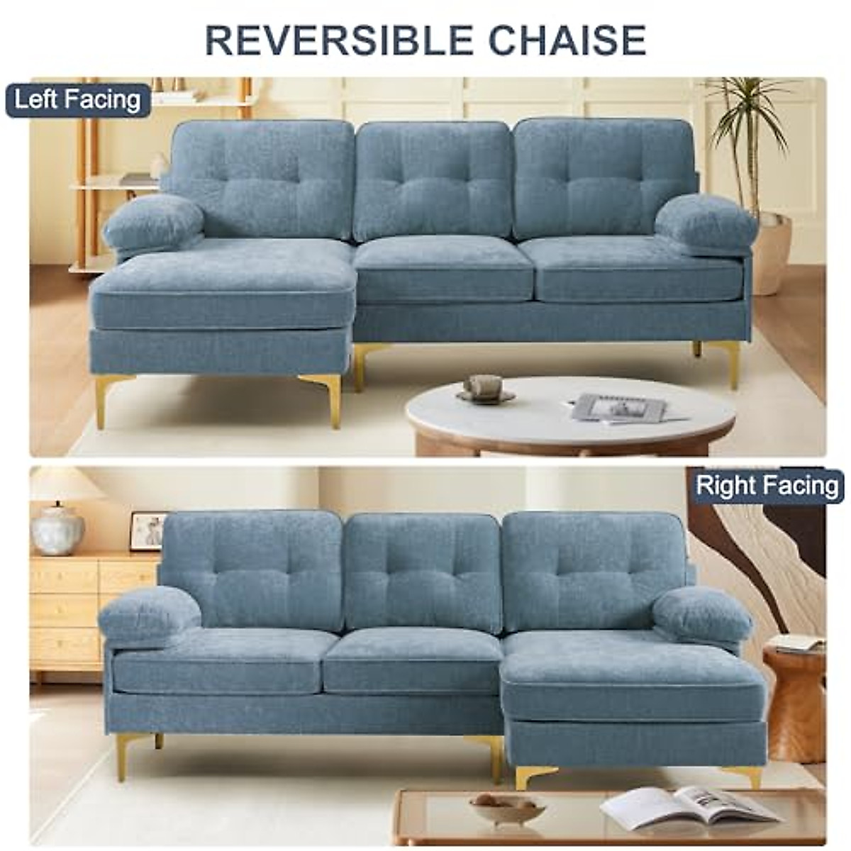 COCOLHOME L- Shaped Sectional Sofa 85" Convertible Modern Upholstered Couch Chenille Fabric with Reversible Chaise Detachable Washable Cover for Living Room, Apartment, Small Space (Light Blue)