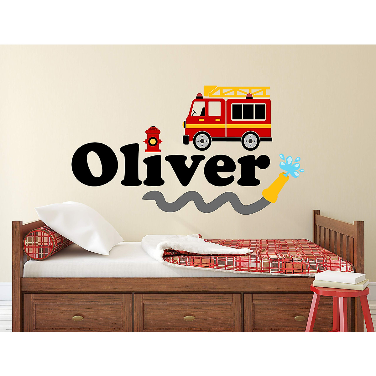 Custom Name Firetruck Wall Decal - Firetruck Wall Decals - Boys Kids Wall Decal - Nursery Wall Decals - Fire Truck Vinyl Wall Art Decor Sticker (24"W x 14"H)