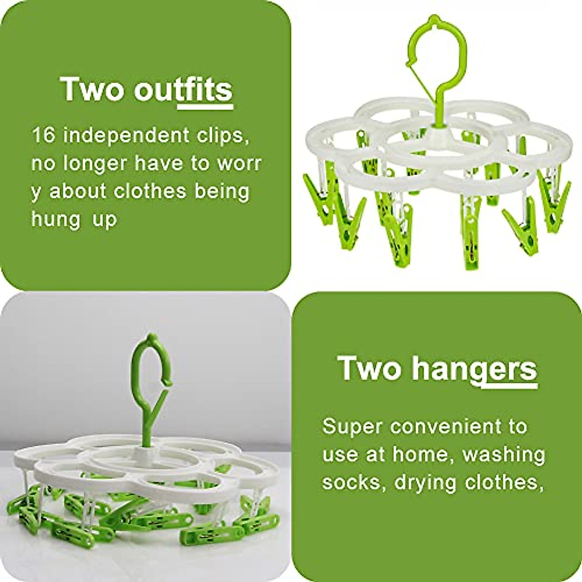 Bobrv Clothes Hangers with 16 Clips, Sock Underwear Baby Hanger, Hanging Drying Rack, Plastic Laundry Clip and Drip Clothespin Rack for Towel, Hat, Scarf, Green, 9 x inches