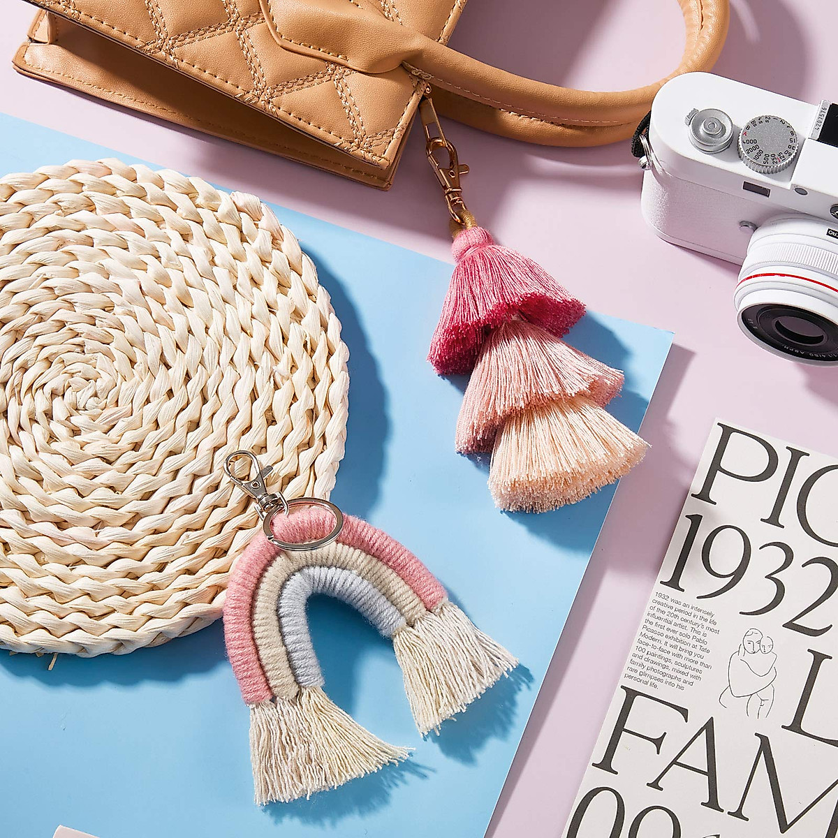 Hicarer 2 Pieces Boho Rainbow Keychains Pom Pom Tassel Macrame Keychains for Women(Fresh Color)