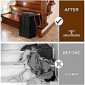 Stair Basket with Leather Handles | Staircase Baskets for Carpeted Stairs and Wooden Stairs | L-Shape Stair Storage Organizer for Home and Office Decor