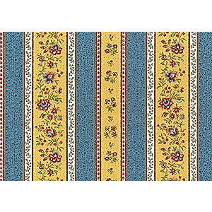 Textiles français Provençal Stripe Floral Fabric GORDES | Stone Blue and Yellow - with Red, Green and Ivory - Luxury 100% Cotton Printed Fabric - 63 inches Wide | Per Yard Length Increment